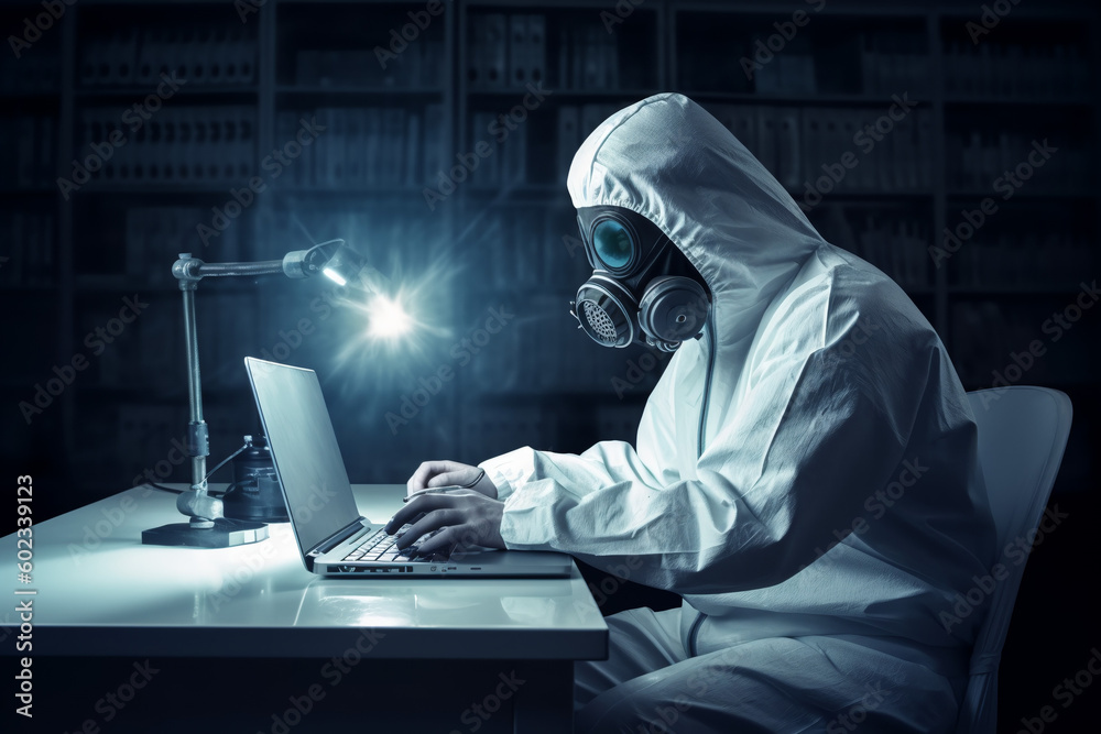 No face shown, Scientist or student using laptop computer and ...