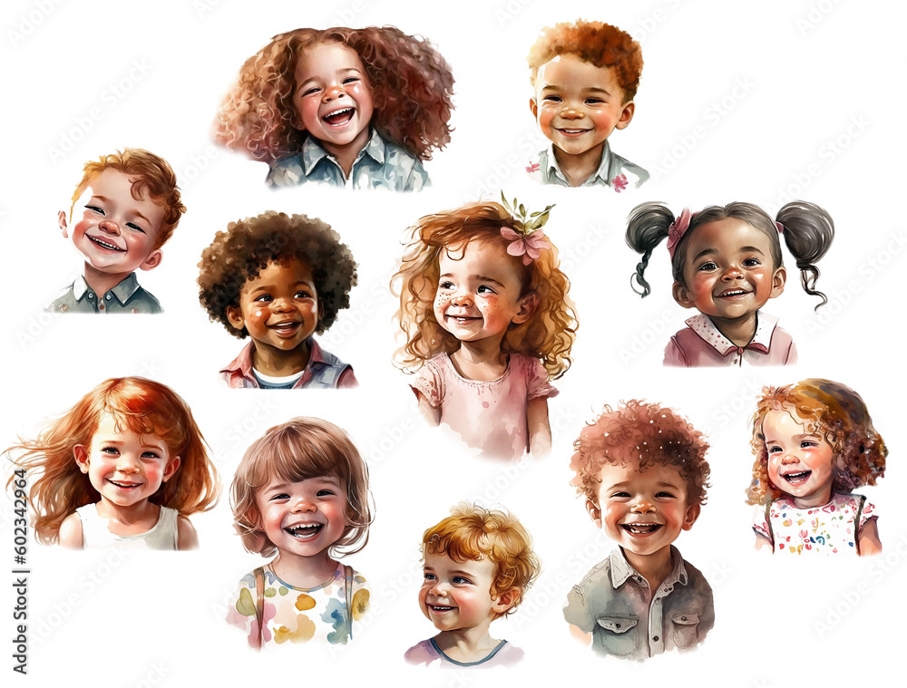 Collection of happy children faces, laughing and smiling boys and girls ...