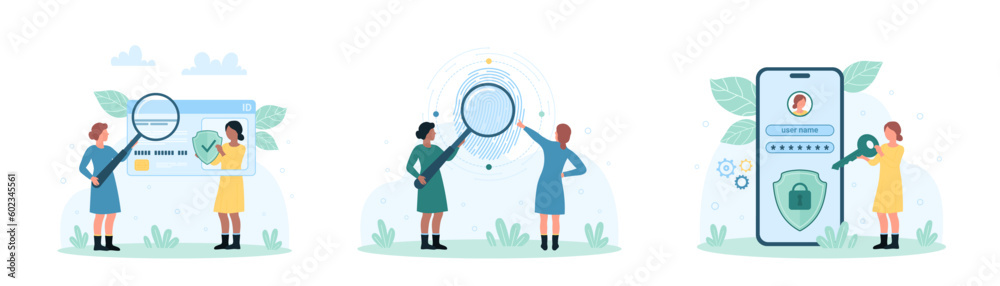 Data privacy, ID verification set vector illustration. Cartoon tiny ...