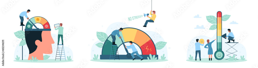 Stress levels set vector illustration. Cartoon tiny people manage ...