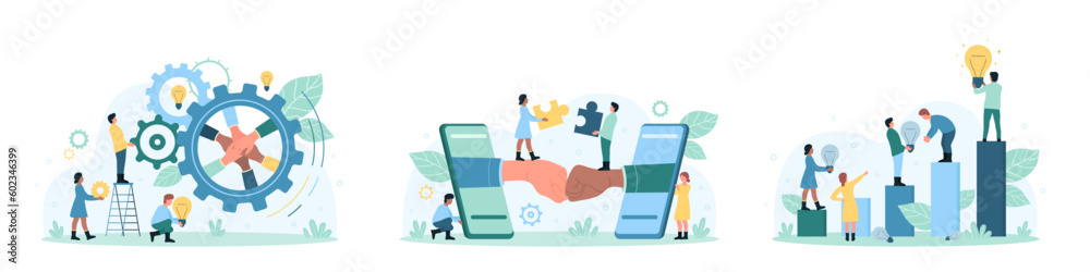 Teamwork and collaboration set vector illustration. Cartoon tiny people ...