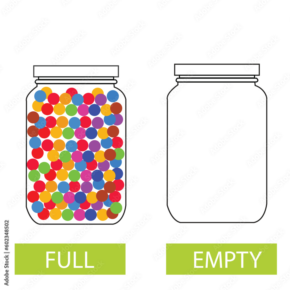 Full and empty concept card. Full and empty jar. children teaching aid ...