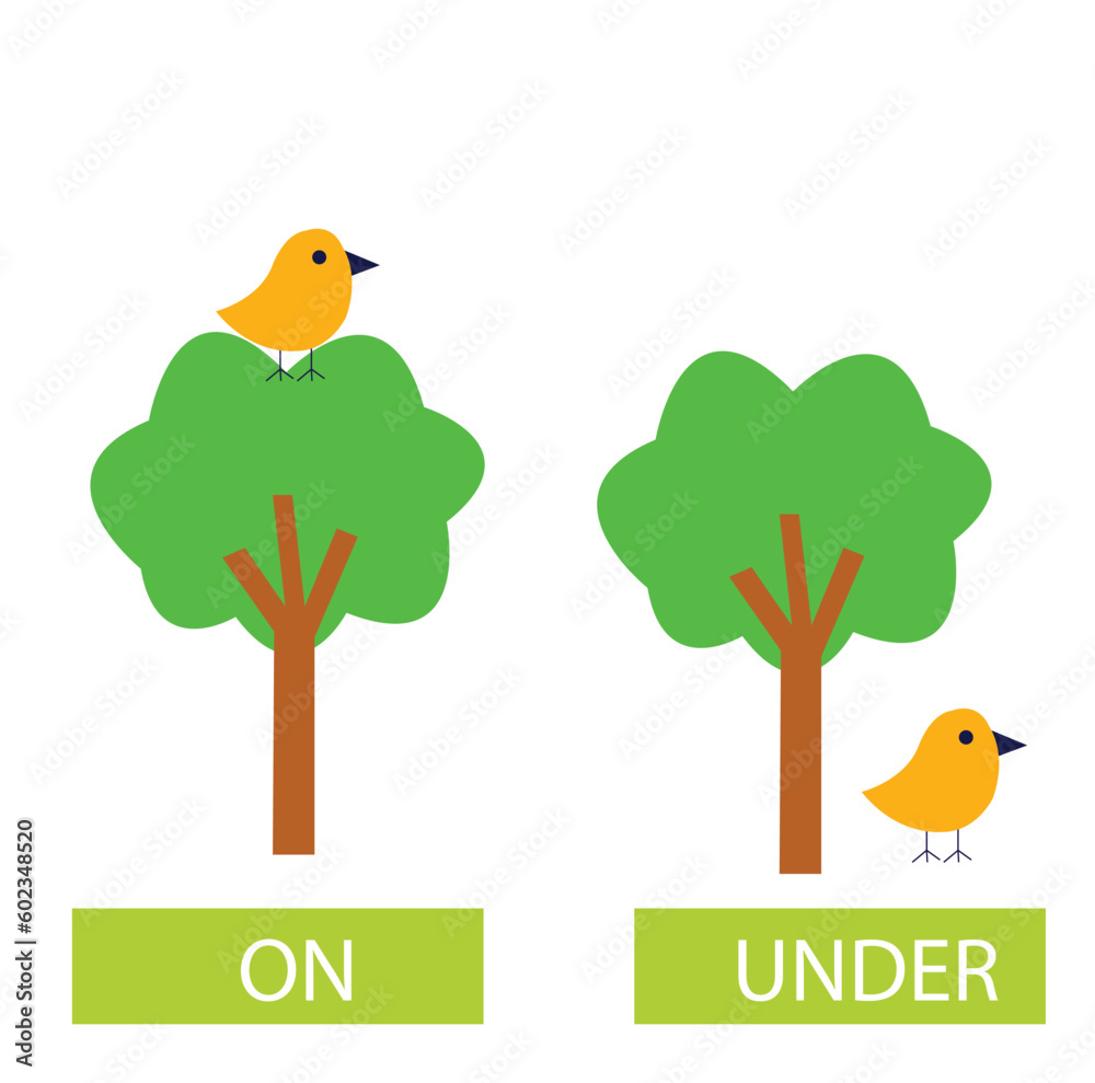 Vetor de On and under prepositions antonyms word card flat vector ...