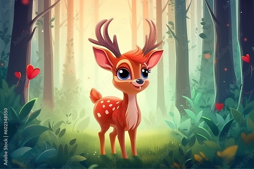 a cute adorable deer with antlers in nature rendered in the style of ...