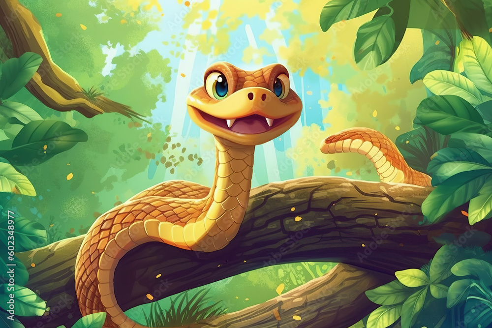 a cute adorable baby snake in nature rendered in the style of children ...