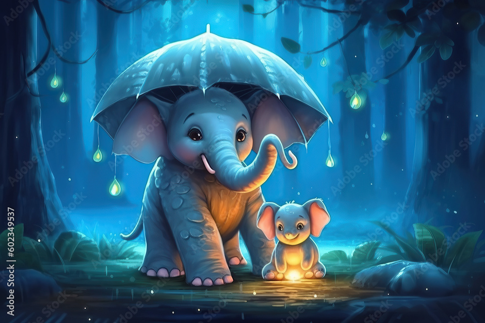 cute adorable baby elephant with mother elephant in rain by night with ...