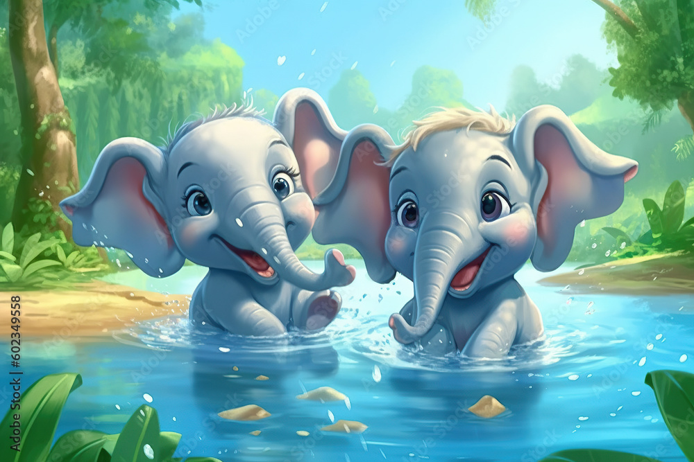 cute adorable two baby elephants splashing each other with their trunks ...