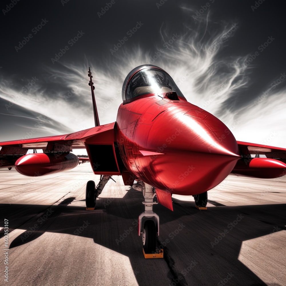 a red fighter jet sitting on top of an airport tarmac. generative ai ...