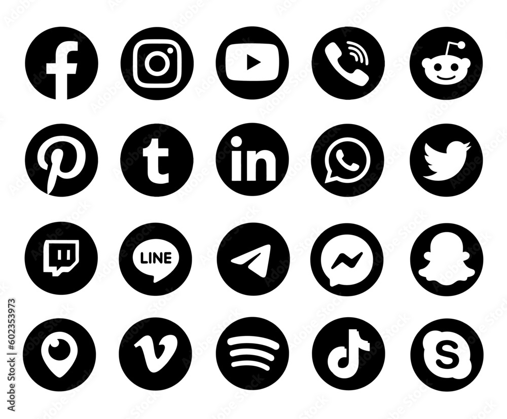 Round circle black & white social media or social network flat style ...