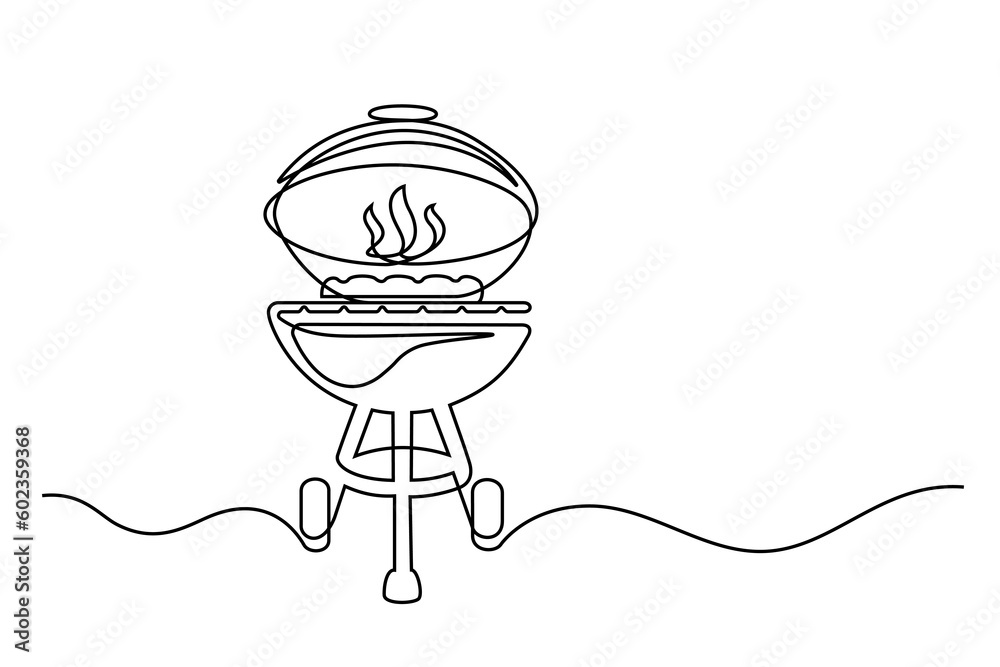 Continuous line drawing bbq grill isolated on white background. BBQ ...