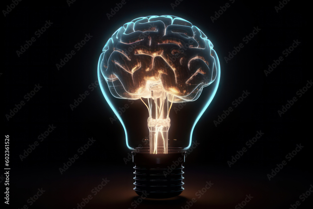 Glowing brain inside a light bulb represents the power of inspiration ...