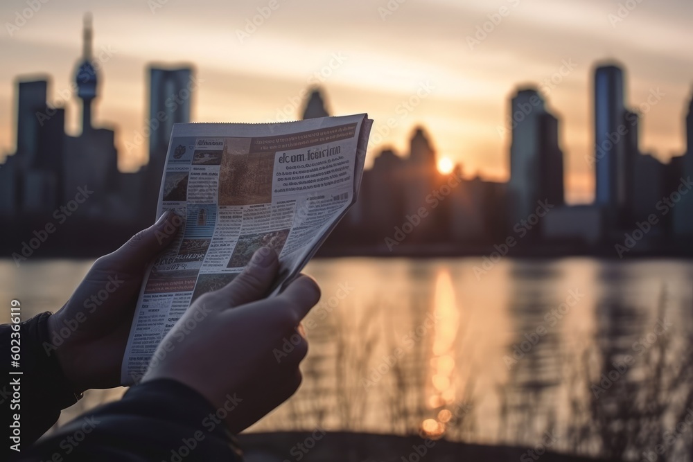 A hand holding a newspaper in front of a city skyline, with a blurred ...
