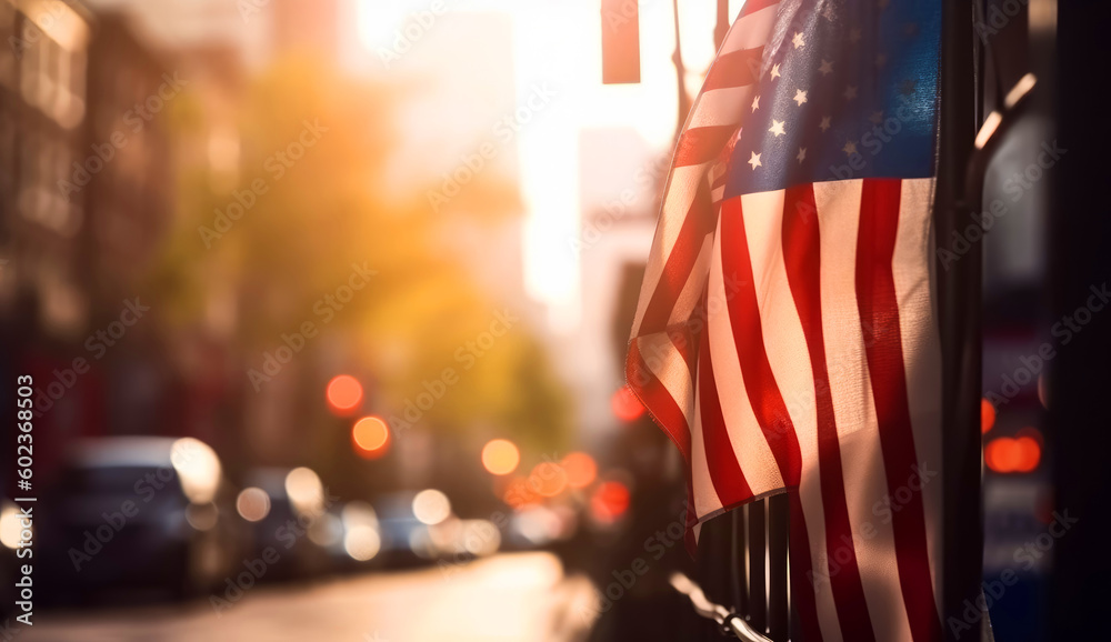 American flag hanging on the fence outdoors. City street with cars at ...