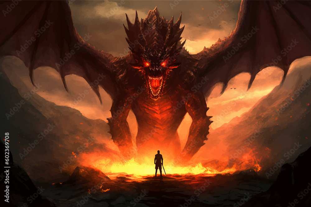 Man standing in front of a fire dragon. Fantasy scene. Wizard and huge ...