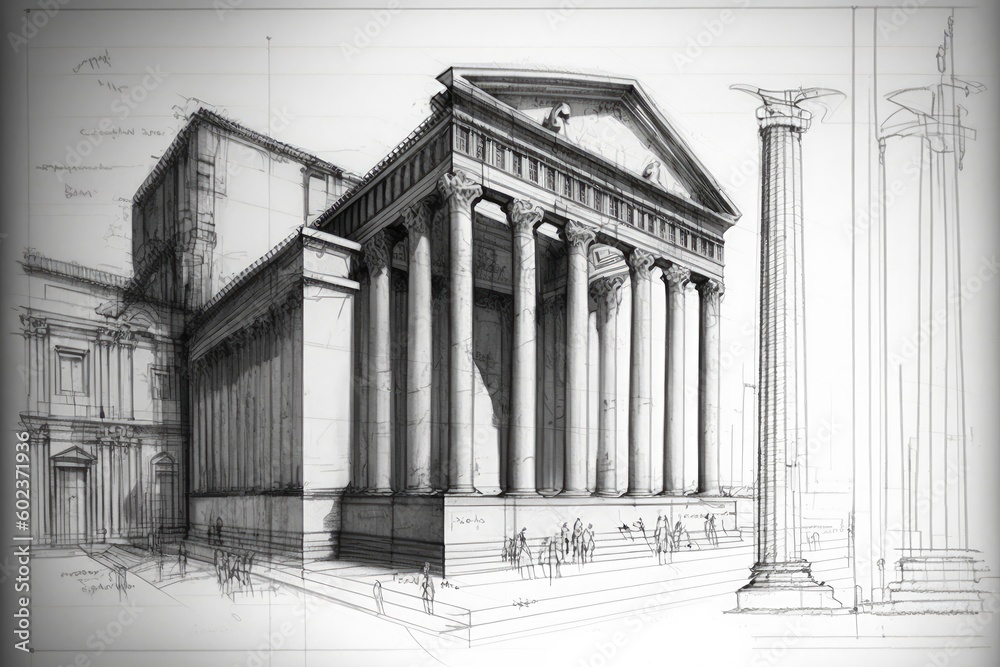 Pencil sketch drawing of Roman building architecture and city landmark ...