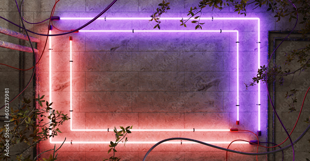 square neon sign Brick wall and fire sign frame neon lights on cement ...