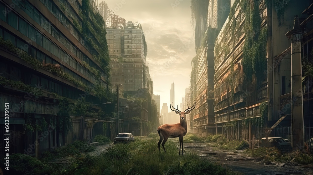 2050 year. After the apocalypse, a large city is covered with green ...