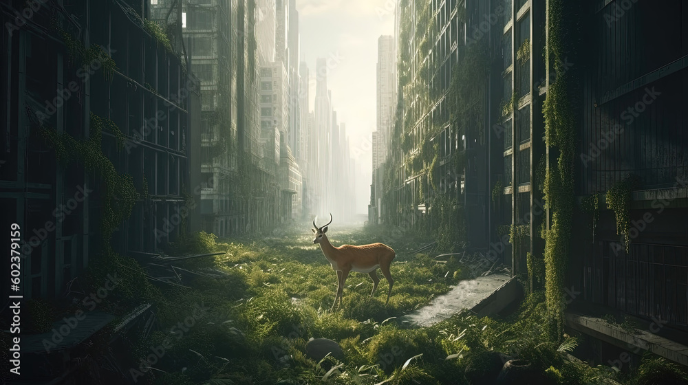 2050 year. After the apocalypse, a large city is covered with green ...