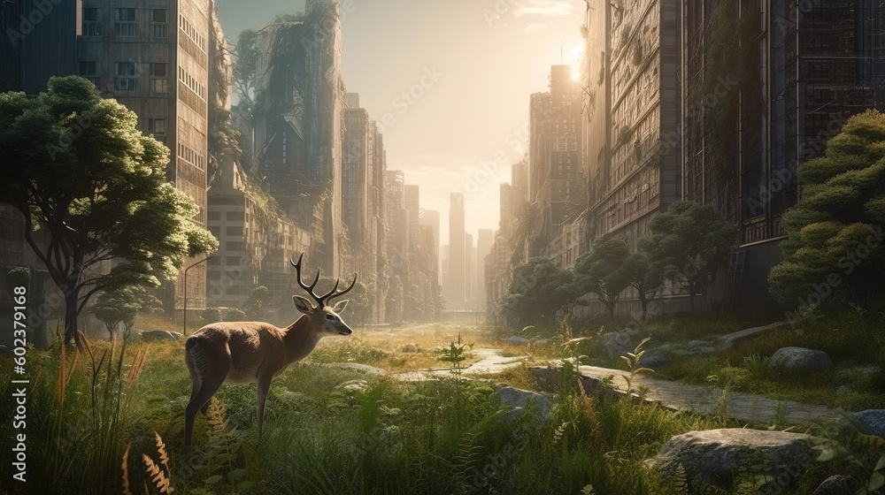 2050 year. After the apocalypse, a large city is covered with green ...