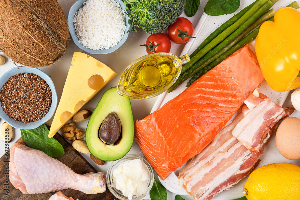 Balanced low carb keto diet food. Food sources of protein, healthy fats ...