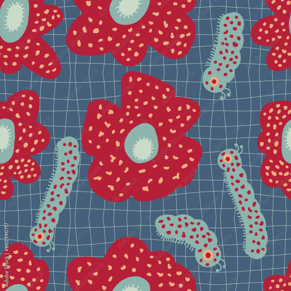 Rafflesia flowers and millipedes seamless pattern on trippy grid ...
