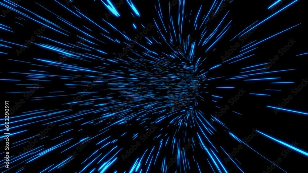 A torus tunnel made of fast streaks of blue light looking like a space ...