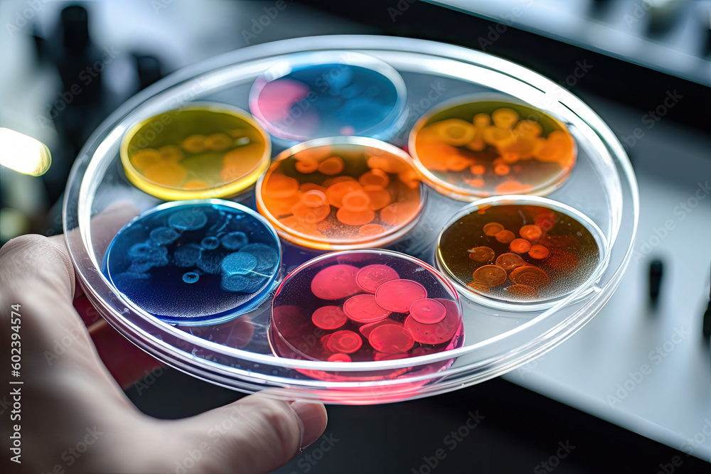 Colorful variety of microorganism inside petri dish plate in laboratory ...
