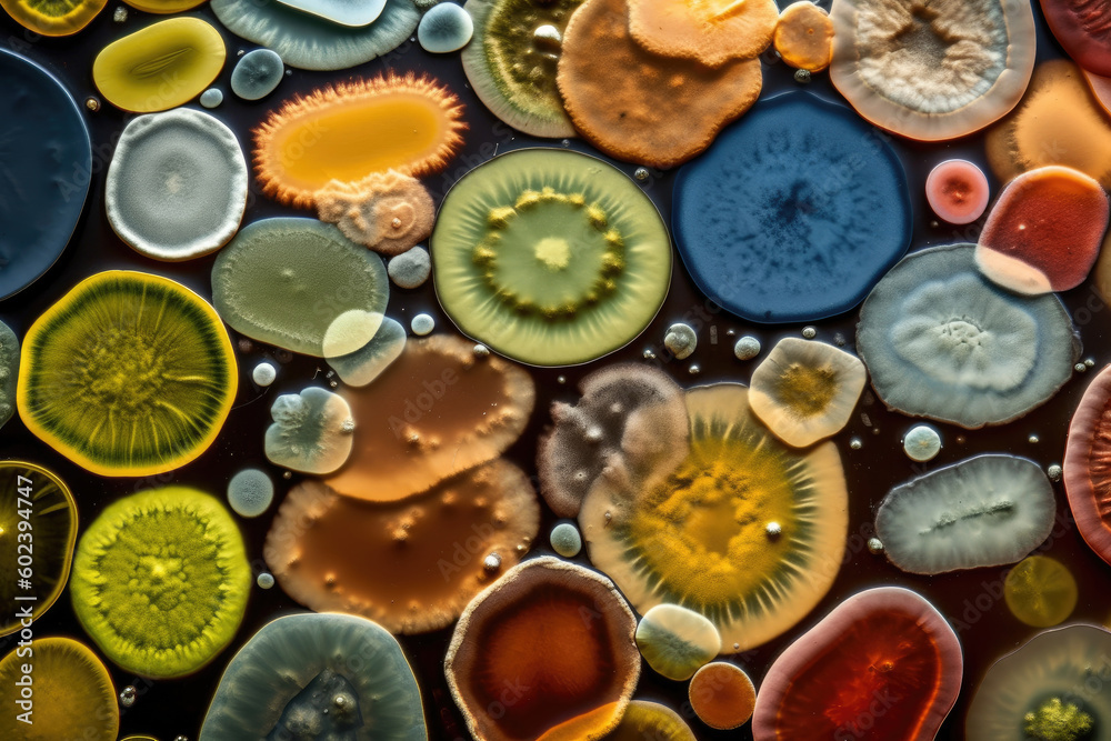 Colorful variety of microorganism inside petri dish plate in laboratory ...