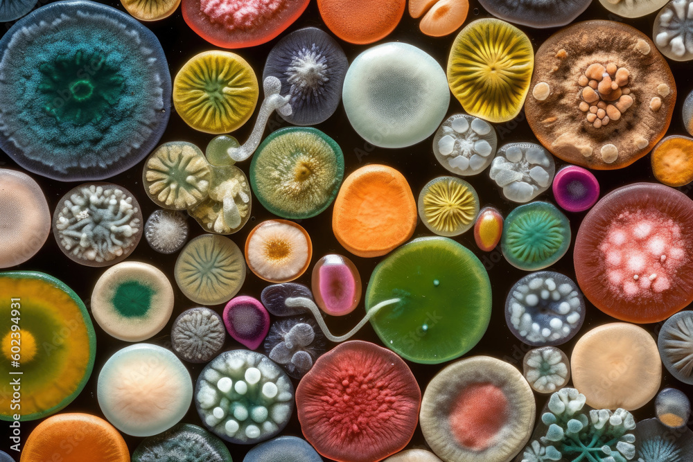Colorful variety of microorganism inside petri dish plate in laboratory ...
