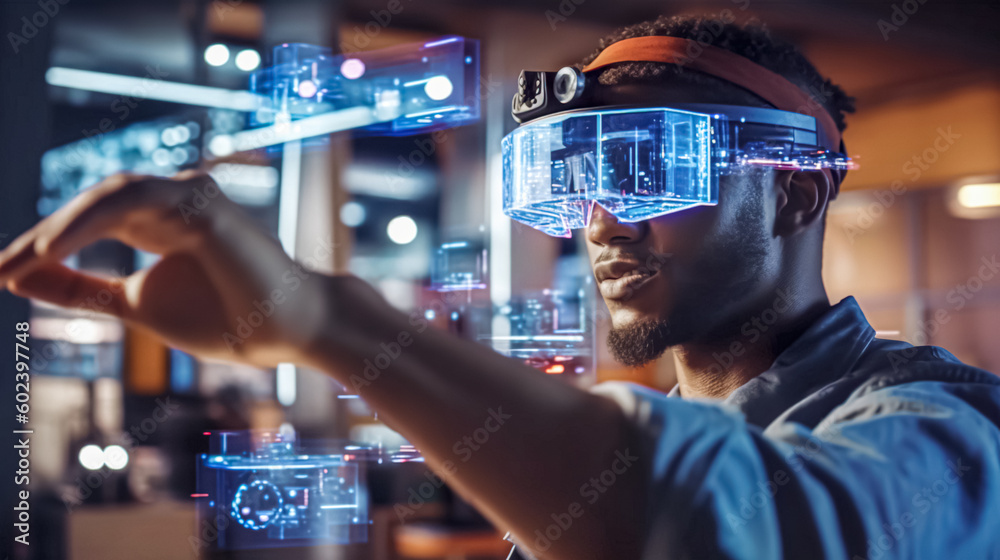 Architect or Engineer wearing Augmented Reality Headset Uses Gestures ...