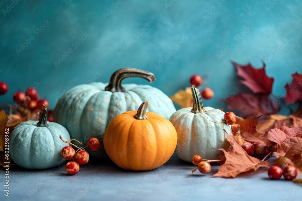 Selection of different pumpkins and fall leaves on a table over light ...