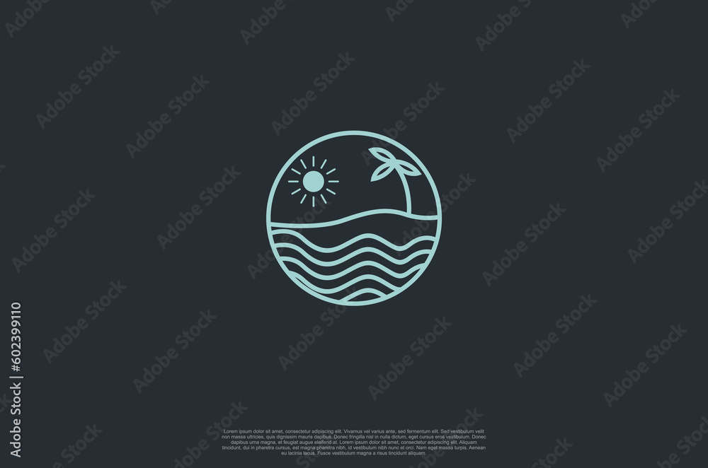 nature sea, sun and tree line art vector simple minimalist illustration ...