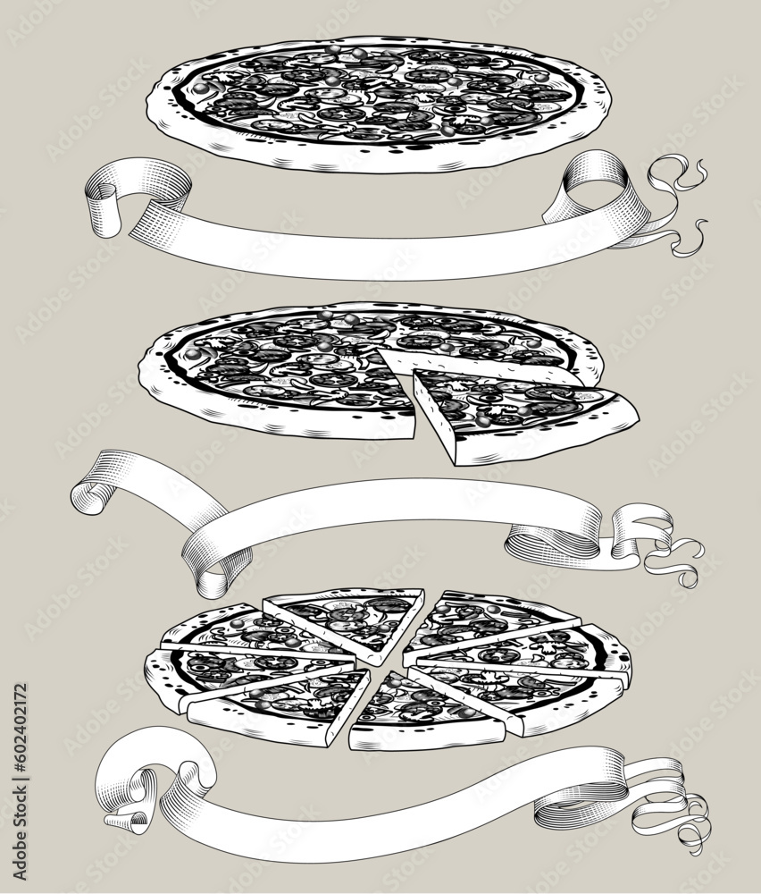 Big round pizzas whole and cut into equal parts and ribbon banners set ...