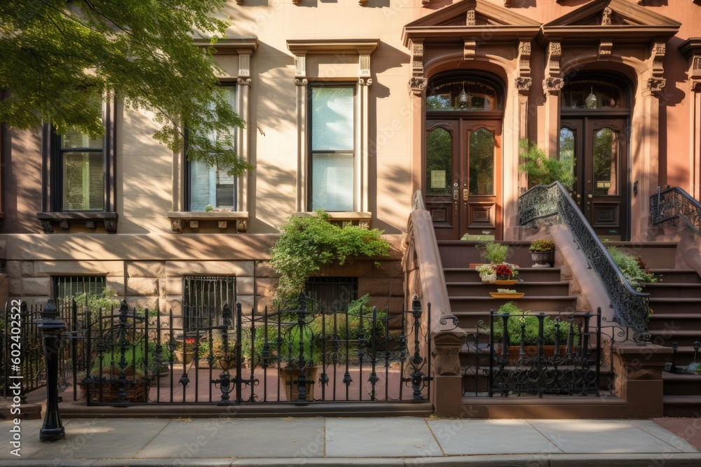 Brownstone row houses with their characteristic stoops offer a glimpse ...