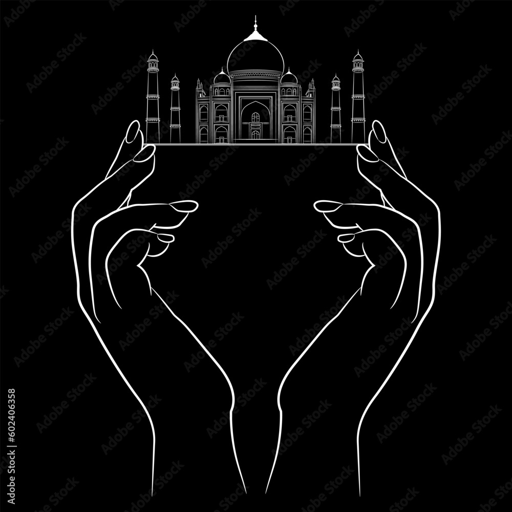 Two raised up beautiful female hands holding Taj Mahal. Indian marble ...