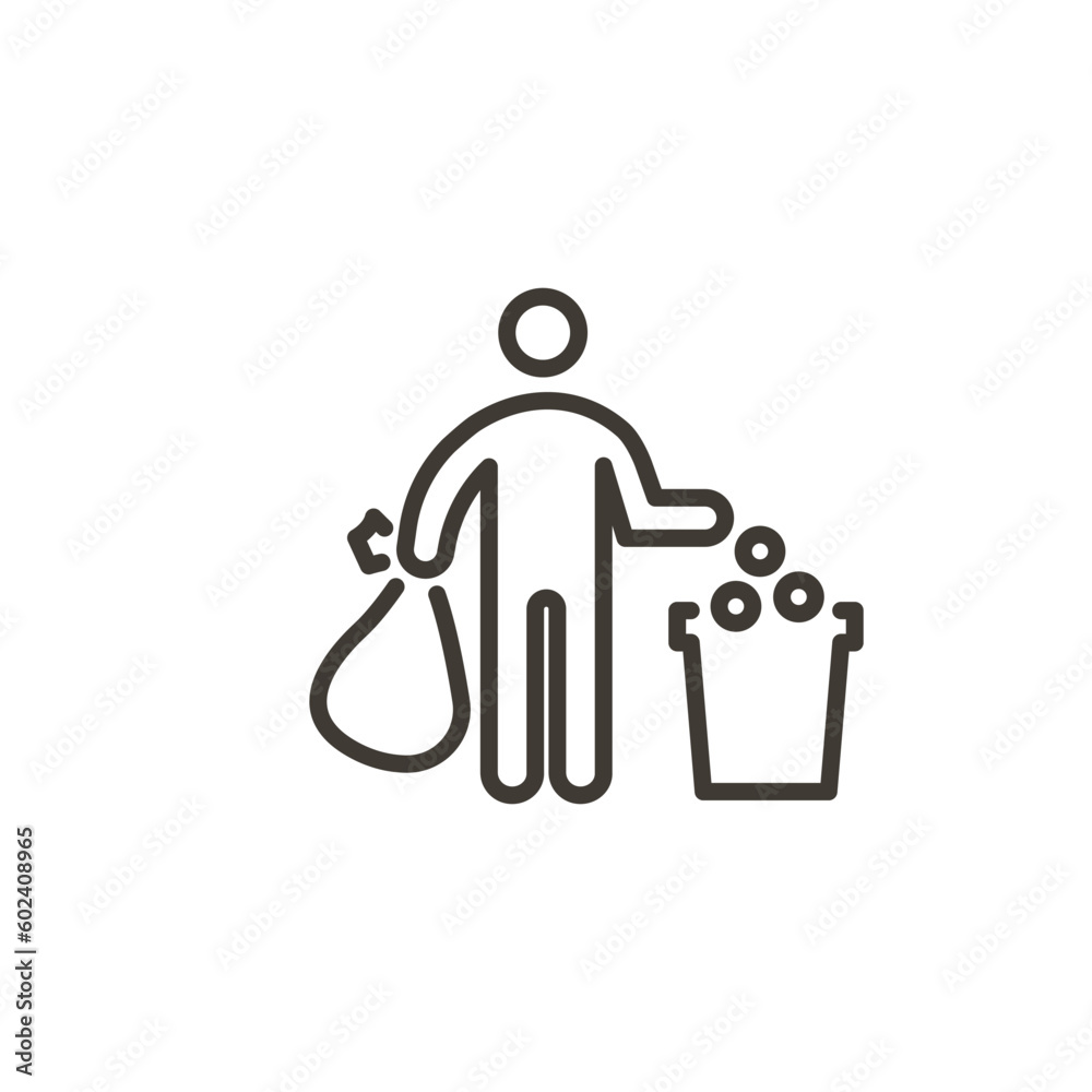 Person holding a sack of trash and throwing rubbish in dustbin. Vector ...
