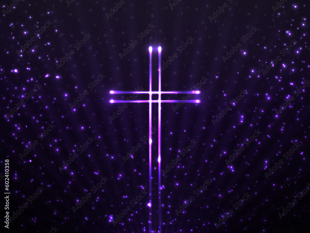 Glowing christian cross on background glitter particles and glowing ...