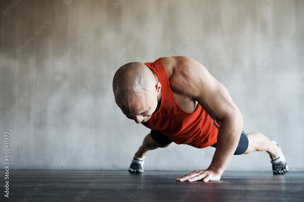 Gym, man and one arm push up for exercise performance, workout ...