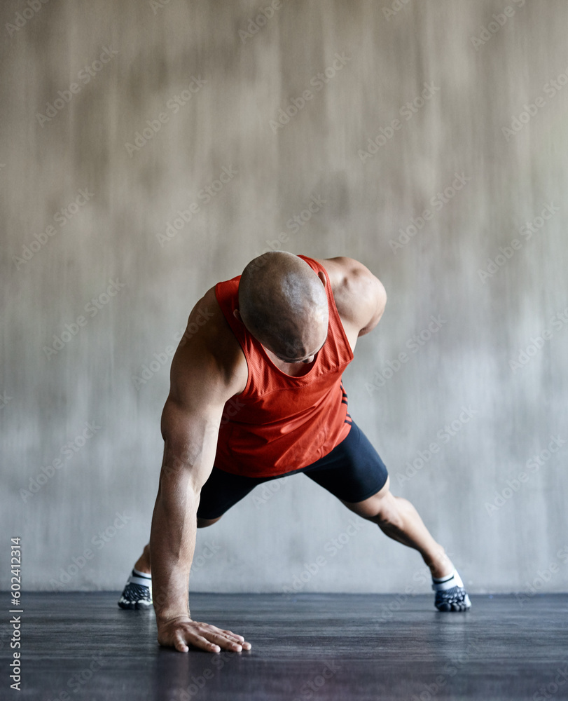 Strong man, floor and one arm push up for gym studio exercise ...