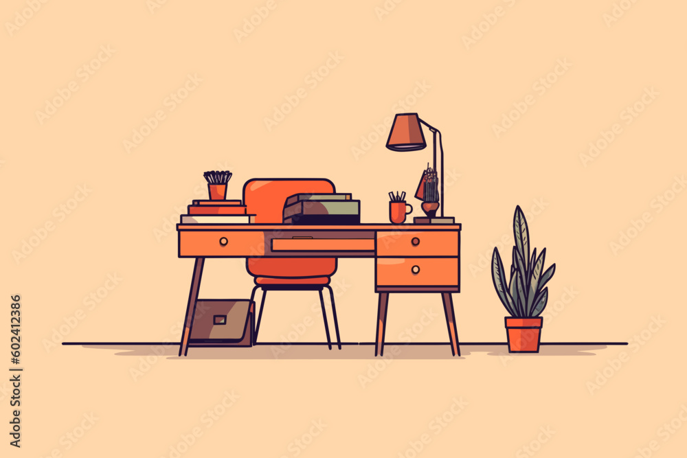 Doodle inspired Writing desk, cartoon sticker, sketch, vector ...