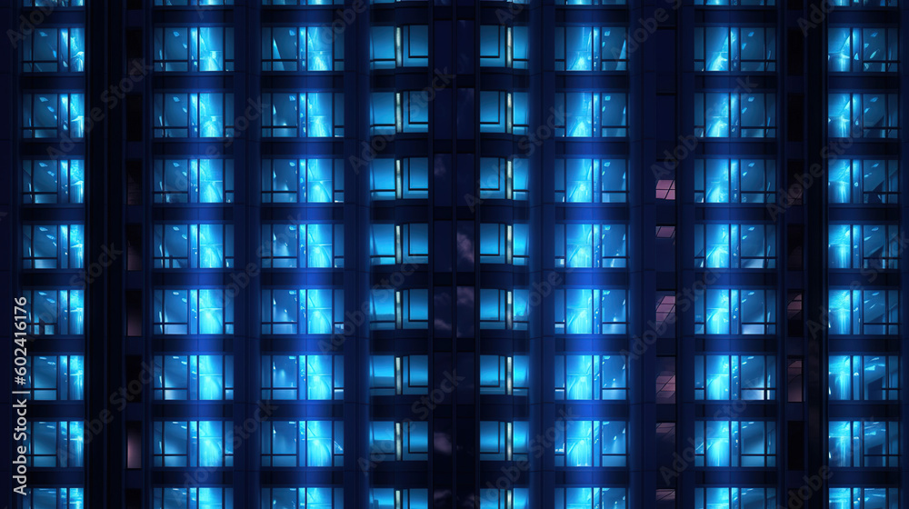 skyscraper facade with blue tinted windows and blinds at night. Modern ...