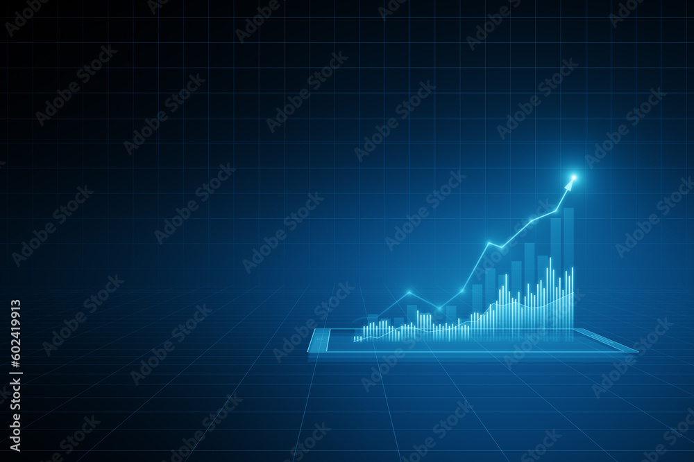 Front view of modern growing financial chart with rising up arrow on ...