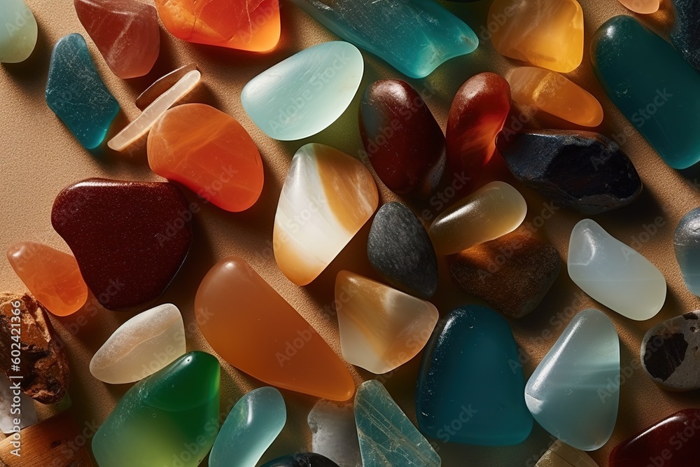 Beautiful, colorful, transparent pebbles on the beach, smooth and ...