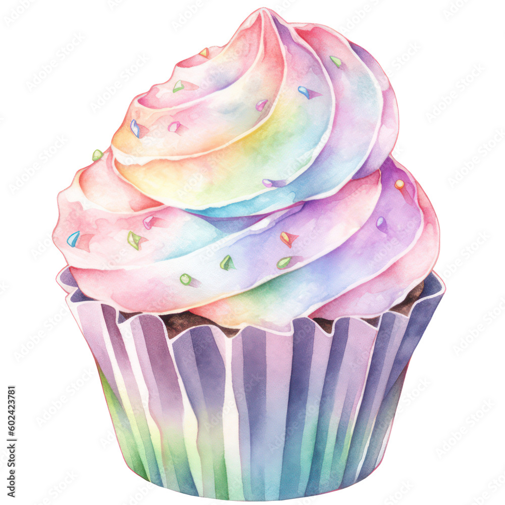 Pastel rainbow cupcake with frosting and sprinkles, watercolor dessert ...