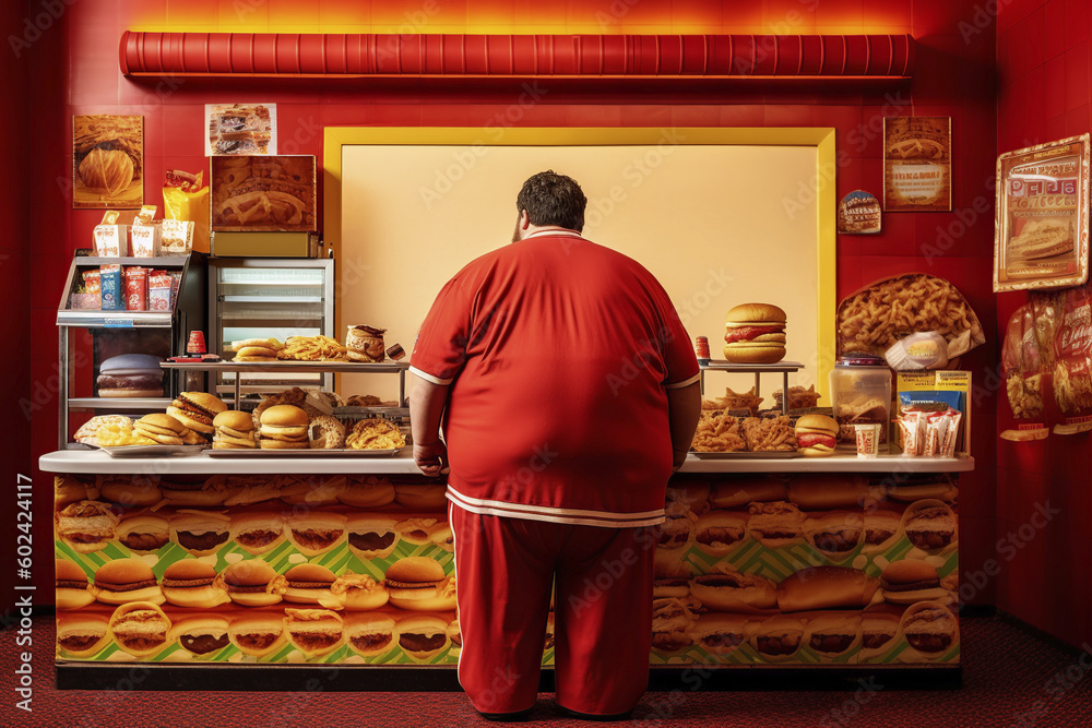 Fat man in front of fast food. Generative AI. Stock Illustration ...
