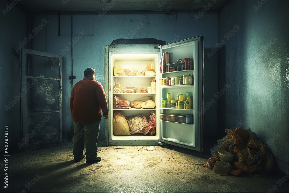 Fat man in front of an open refrigerator with food. Generative AI ...