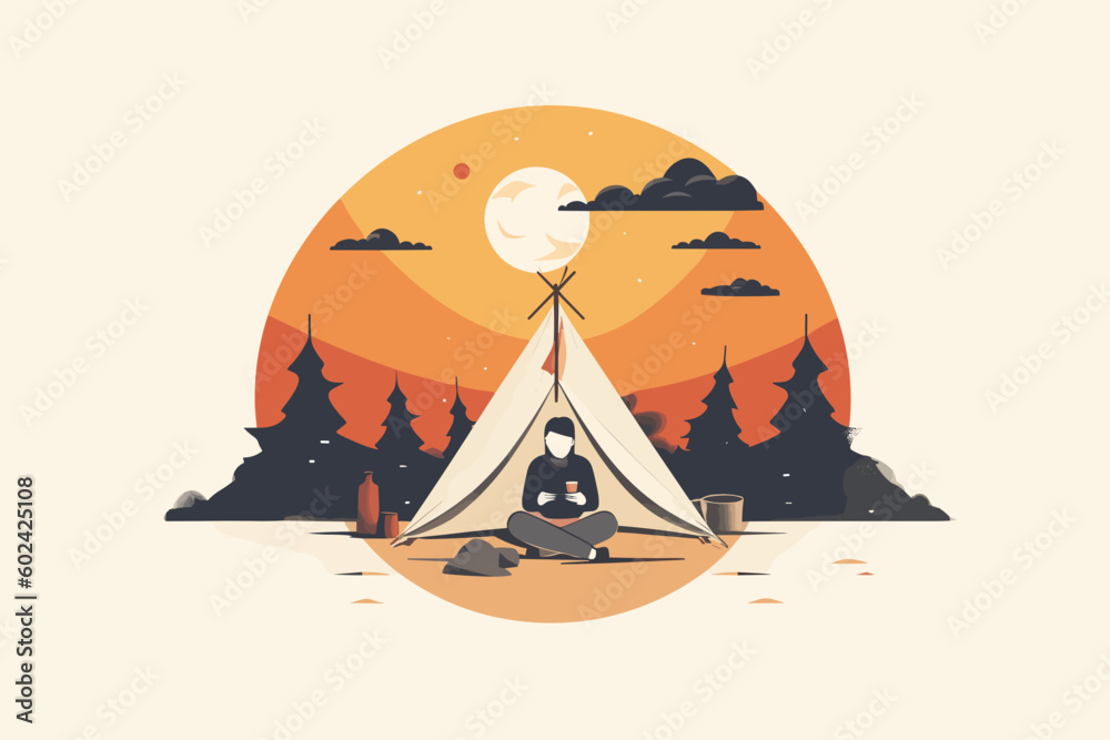 Doodle inspired Theist at spiritual retreat, cartoon sticker, sketch ...