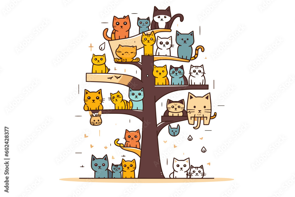 Doodle inspired Cat tree, cartoon sticker, sketch, vector, Illustration ...
