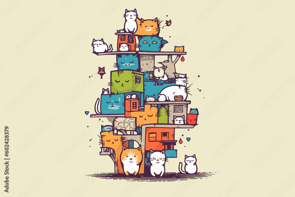 Doodle inspired Cat tree, cartoon sticker, sketch, vector, Illustration ...