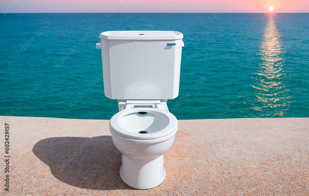 Toilet bowl on the terrace with sea view and sunset. Generative AI ...